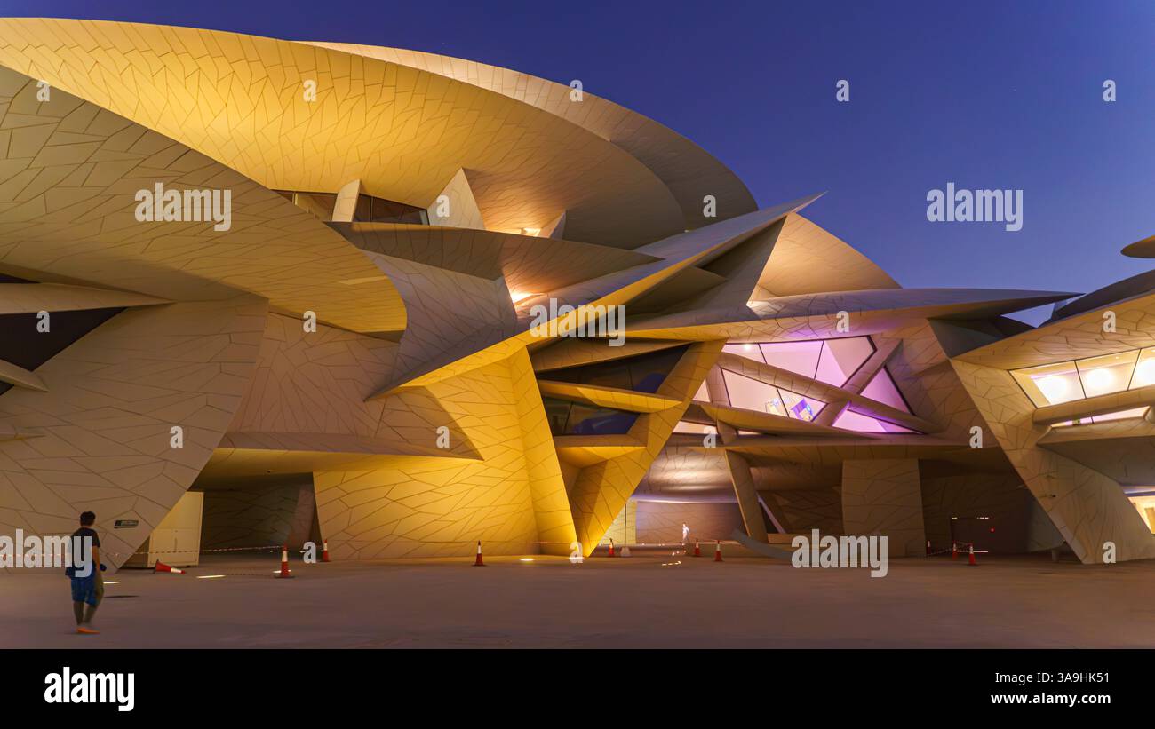 Doha, Qatar - Jan 06 2024, a bottom up view of National Museum of Qatar ...