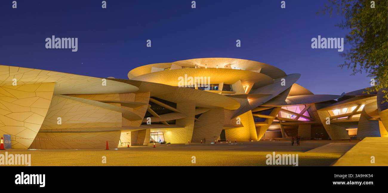 Doha, Qatar - Jan 06 2024, a bottom up view of National Museum of Qatar ...