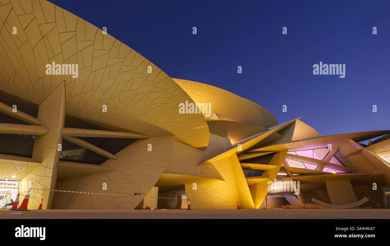 Doha, Qatar - Jan 06 2024, a bottom up view of National Museum of Qatar ...