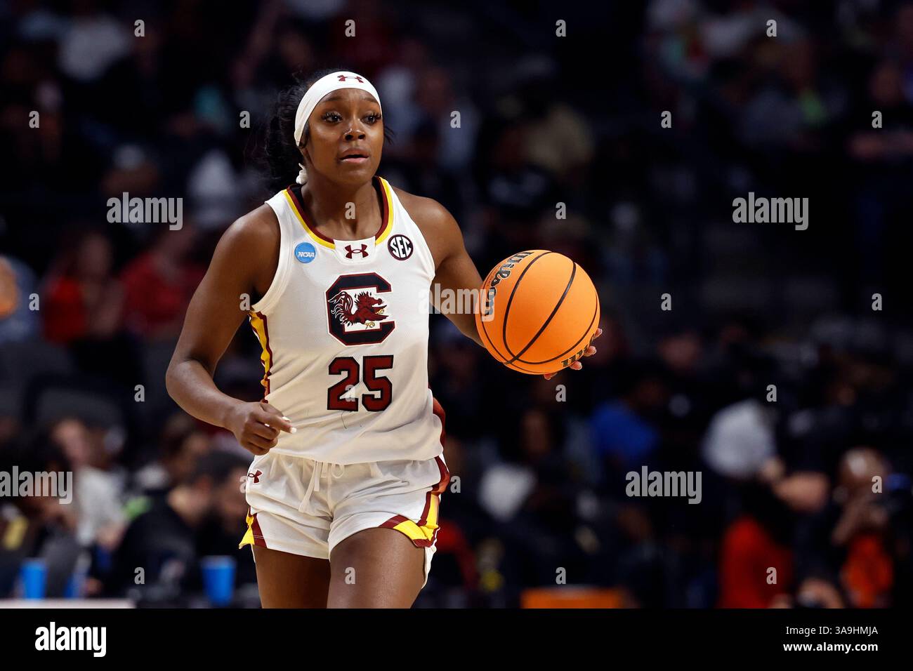 South Carolina guard Raven Johnson dribbles the ball during the first ...