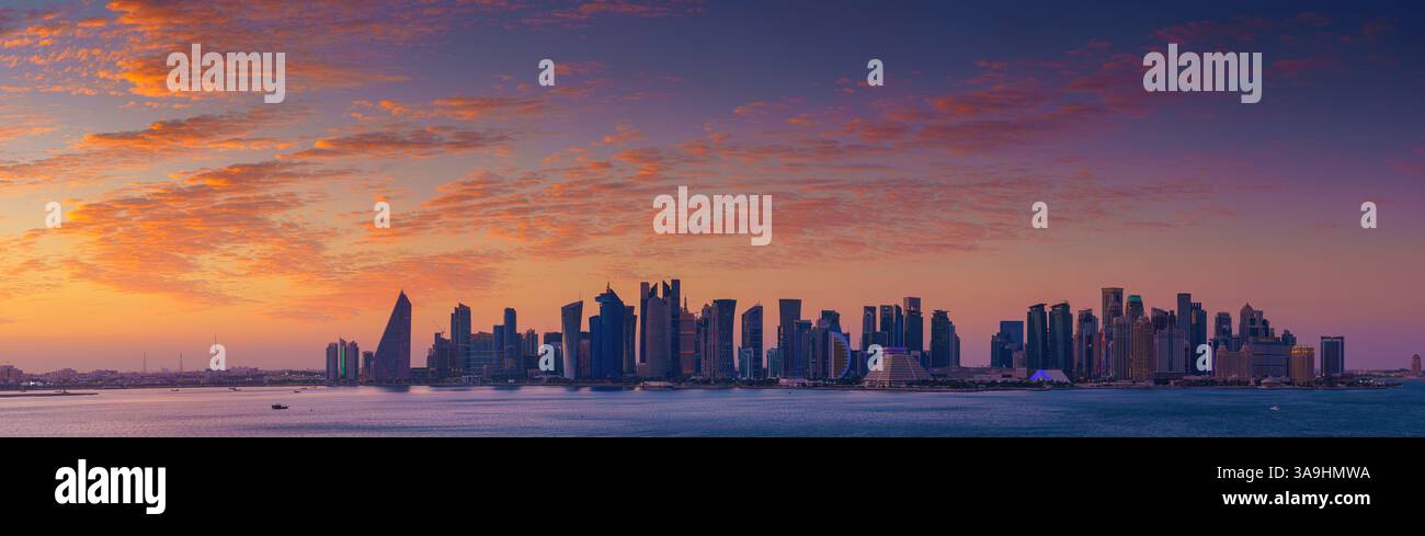 Doha, Qatar - Jan 07 2024, an aerial view of the Doha coastline filled ...