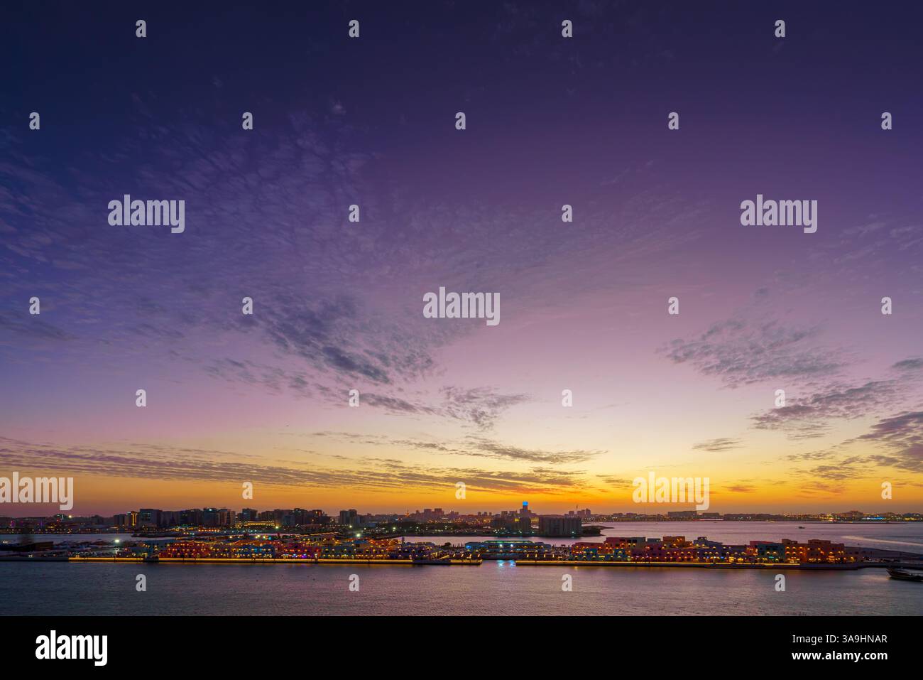 Doha, Qatar - Jan 07 2024, a panoramic view of the colorful evening sky ...