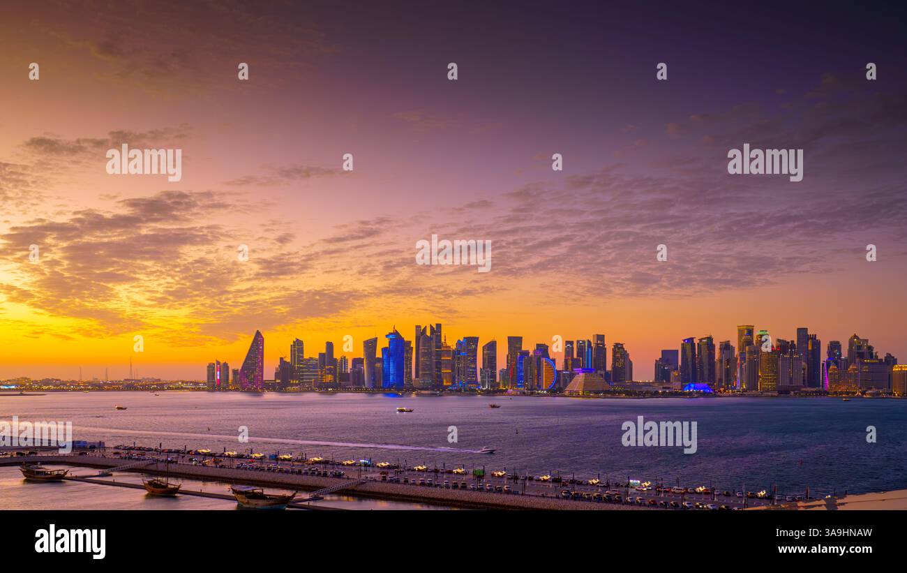 Doha, Qatar - Jan 07 2024, an aerial view of the Doha coastline filled ...