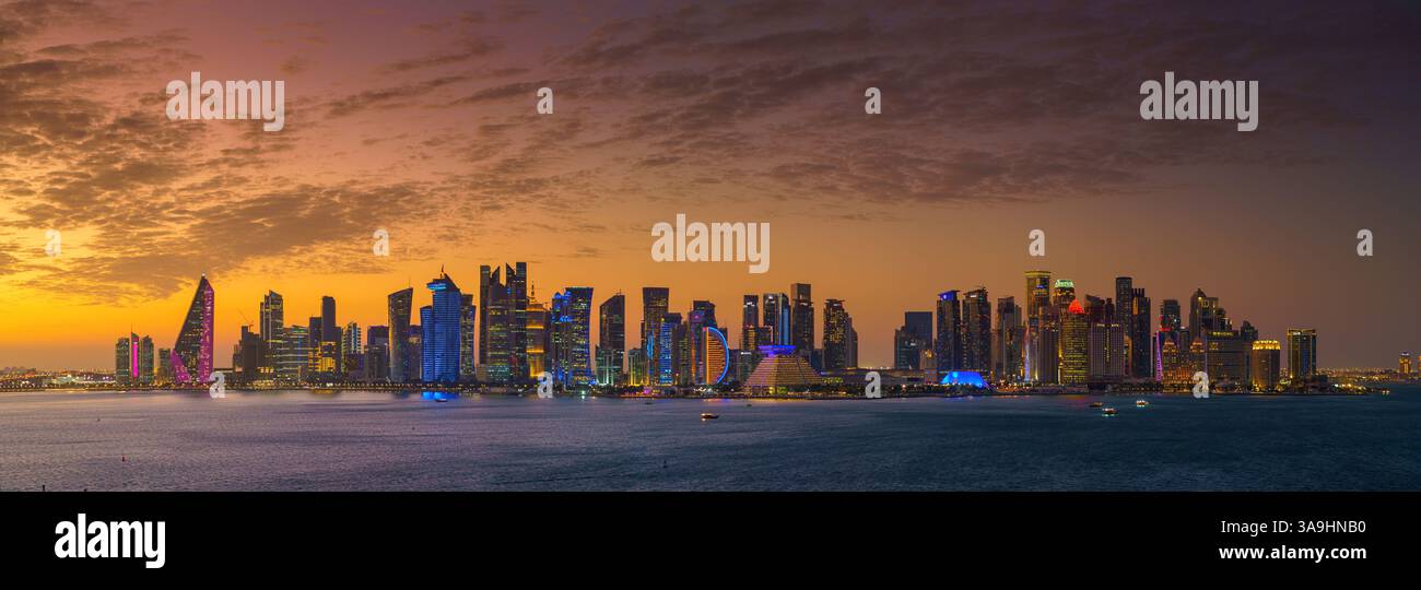 Doha, Qatar - Jan 07 2024, an aerial view of the Doha coastline filled ...