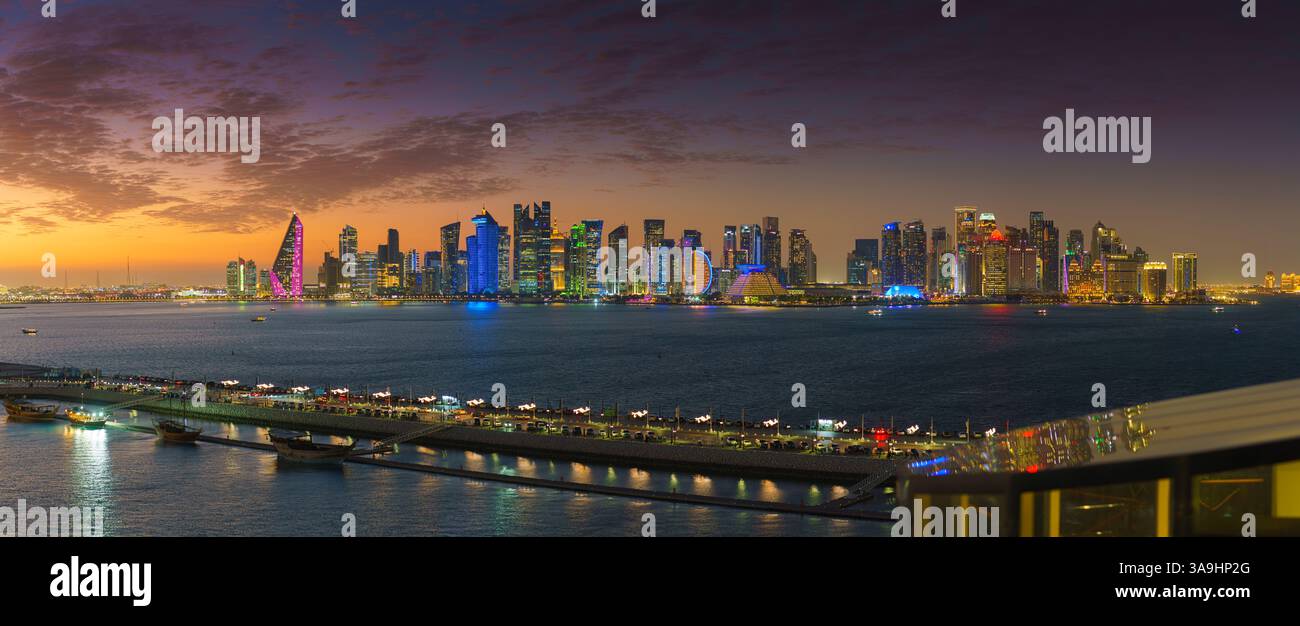 Doha, Qatar - Jan 07 2024, an aerial view of the Doha coastline filled ...