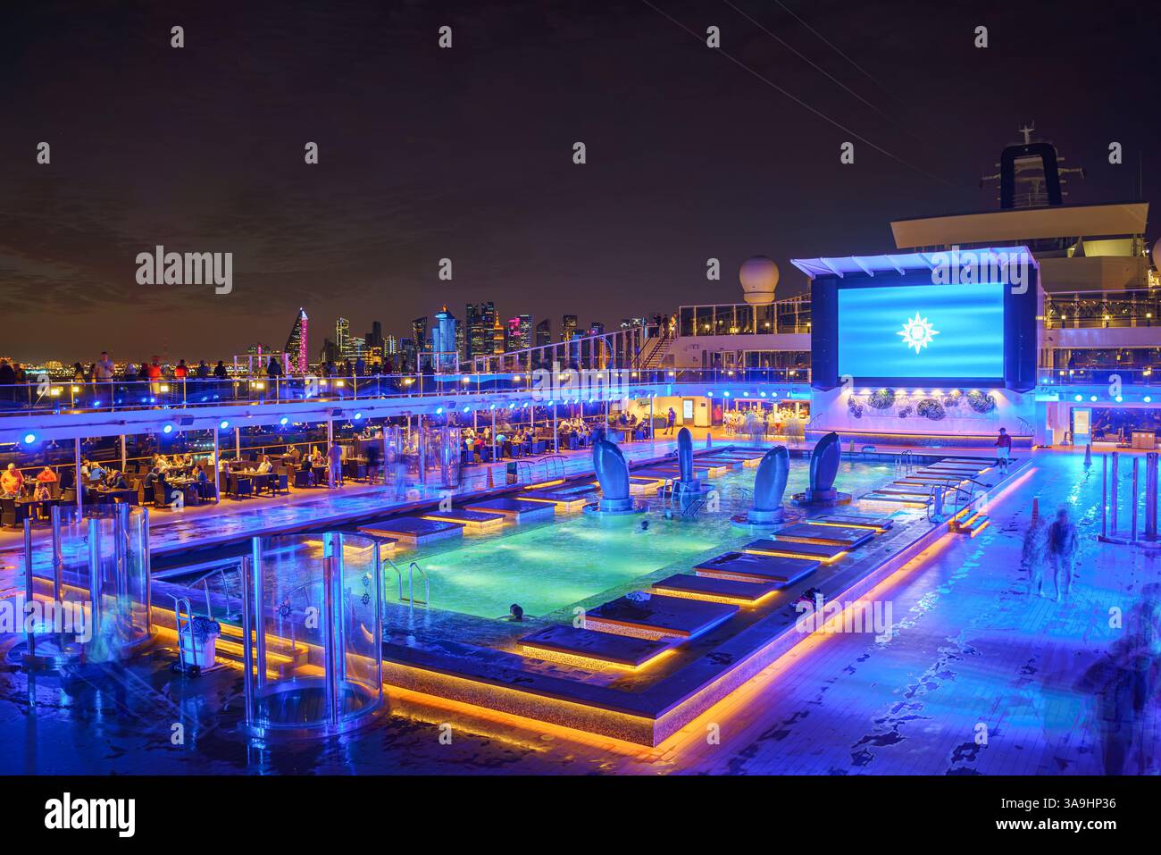 Doha, Qatar - Jan 07 2024, Panoramic view of the deck of the MSC ...