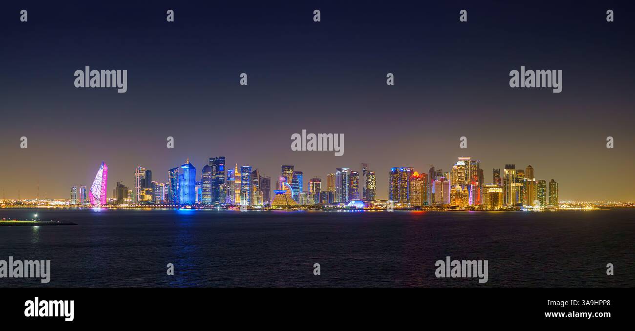 Doha, Qatar - Jan 07 2024, an aerial view of the Doha coastline filled ...