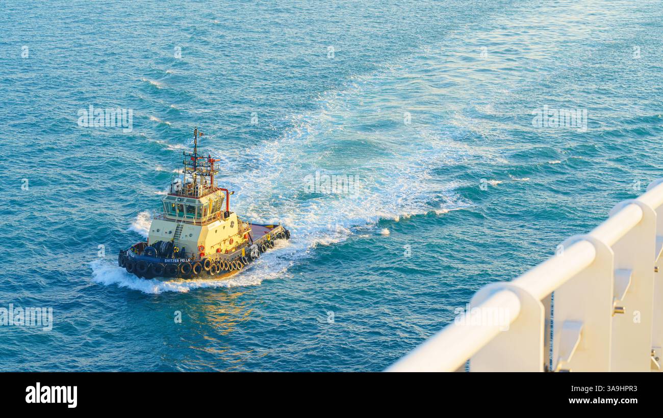 Manama, Bahrain - Jan 08 2024, Aerial view of tugboat, boat, what ...
