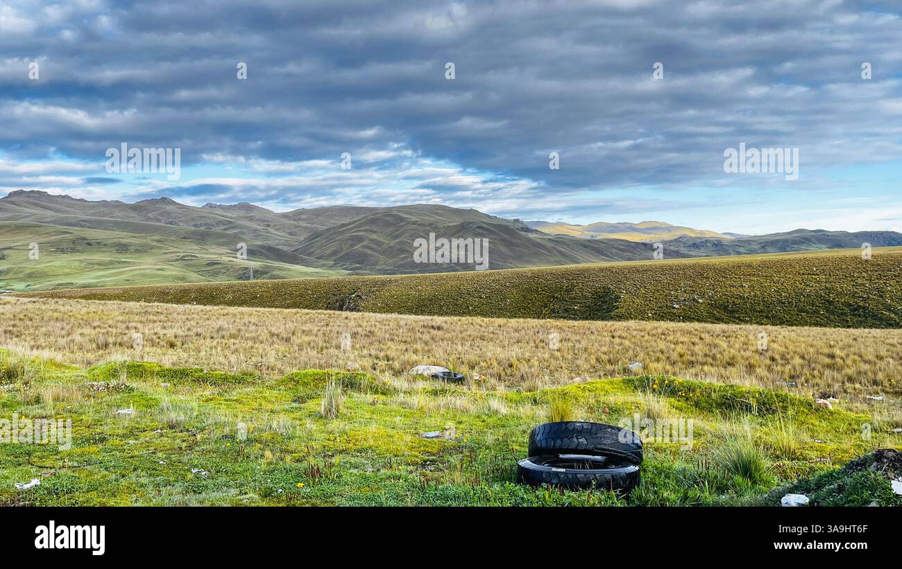 Old tire left as a litter in steppe untouched nature with the Andes ...