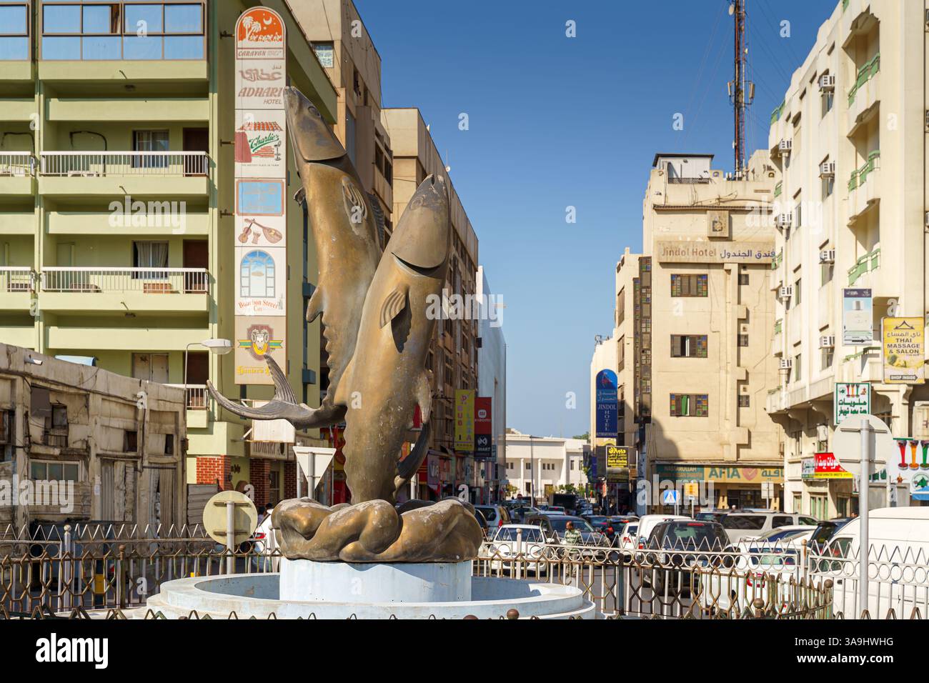 Manama, Bahrain - Jan 08 2024, Panoramic view of the wide market street ...