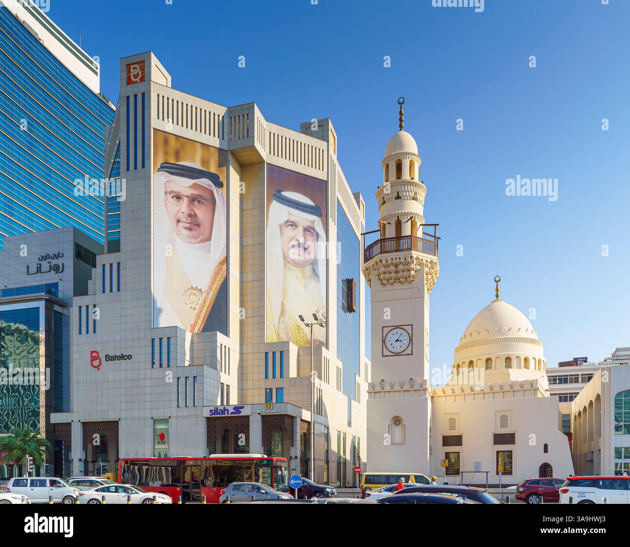 Manama, Bahrain - Jan 08 2024, view of the skyscraper with portraits ...