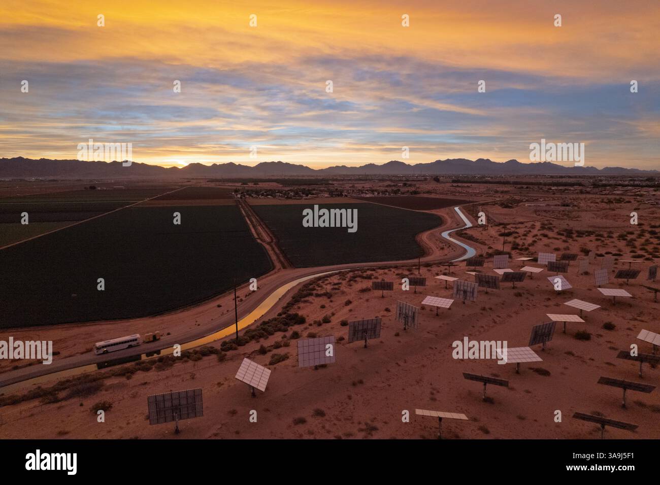 Aerial view of neglected solar arrays near Arizona Western College in ...