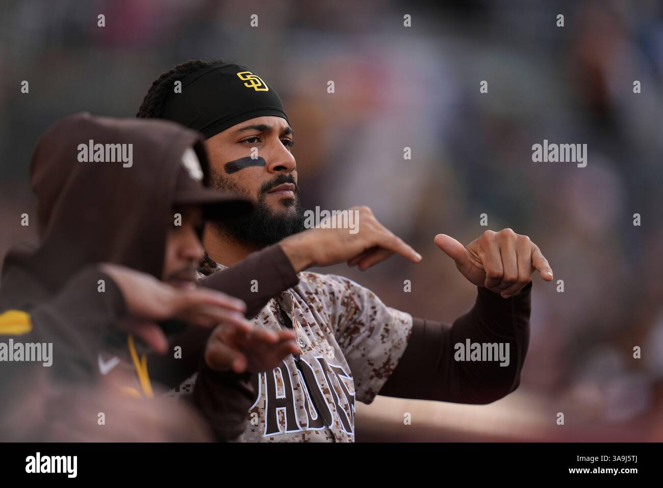 San Diego Padres right fielder Fernando Tatis Jr. gestures towards ...