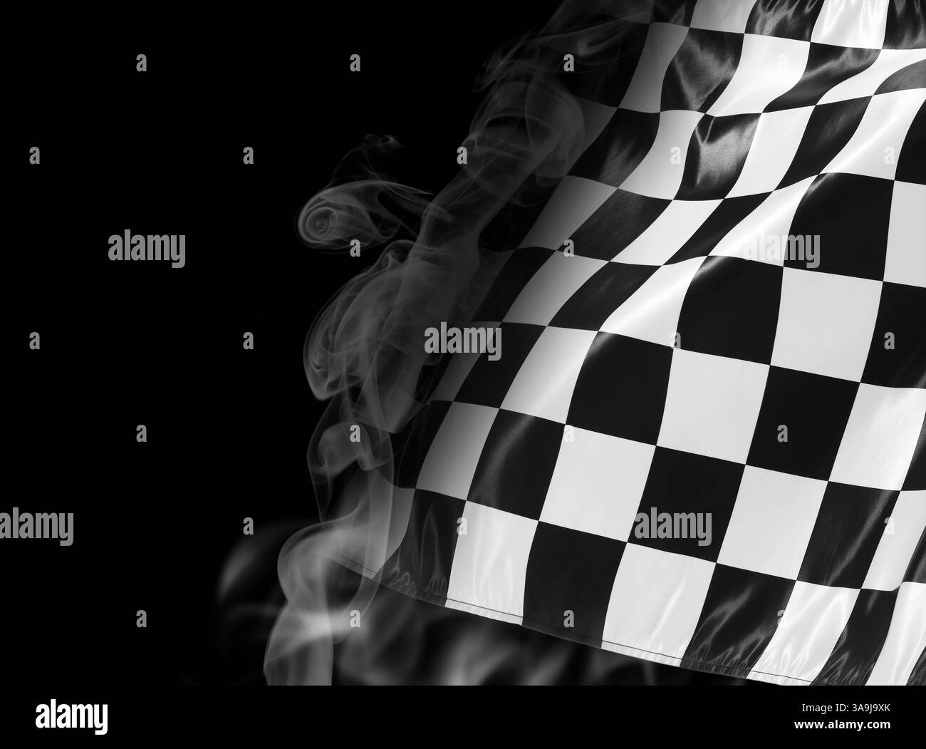Racing flag with black and white checkers in smoke on dark background ...