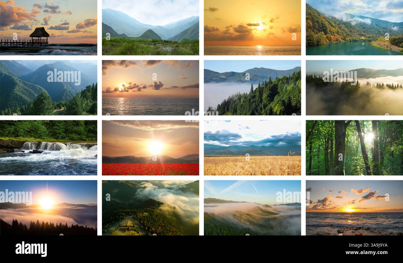 Picturesque nature pictures, collage. Many beautiful landscapes, banner ...