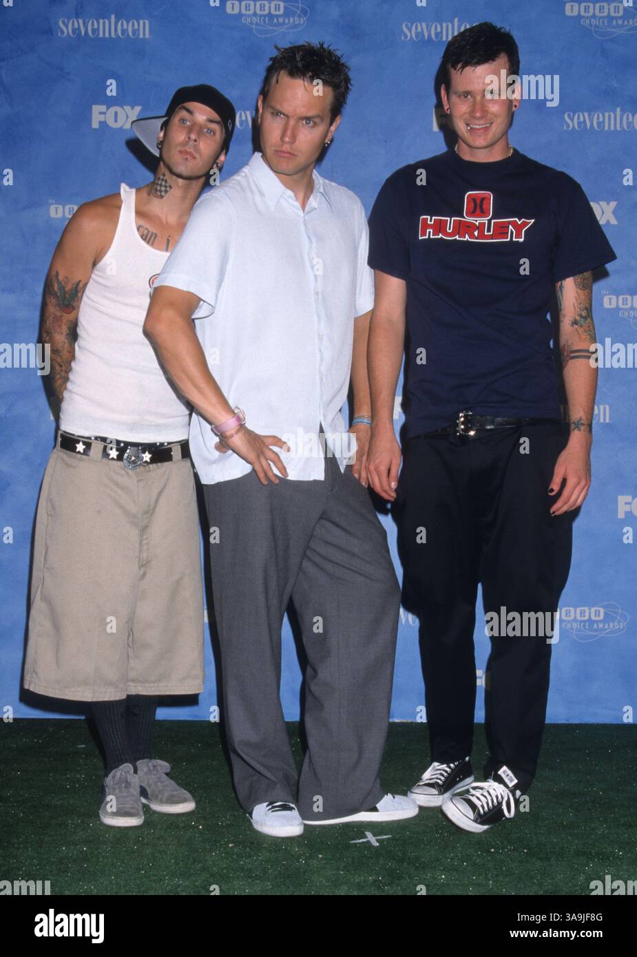 Aug 01, 1999; Santa Monica, CA, USA; TRAVIS BARKER, MARK HOPPUS and TOM DELONGE of Blink 182 at ...