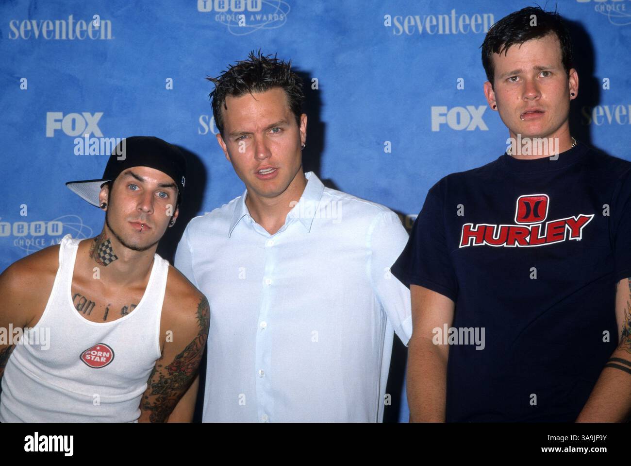 Aug 01, 1999; Santa Monica, CA, USA; TRAVIS BARKER, MARK HOPPUS and TOM DELONGE of Blink 182 at ...