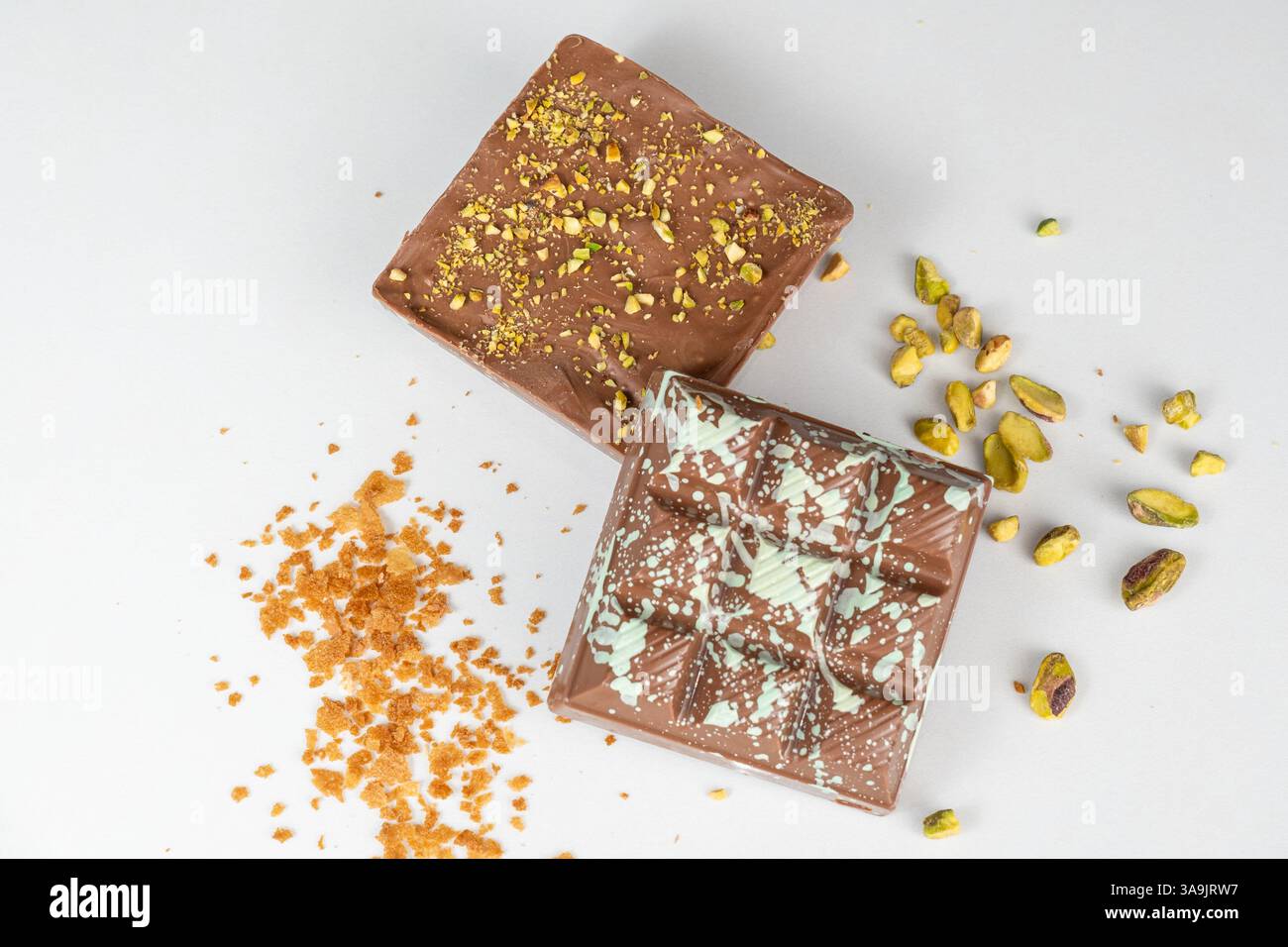 Handmade Belgian chocolate bar with pistachios and filled with ganache ...