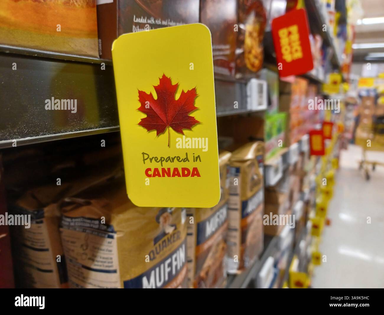Toronto, ON, Canada – March 5, 2025: Close-up of a yellow shelf tag ...