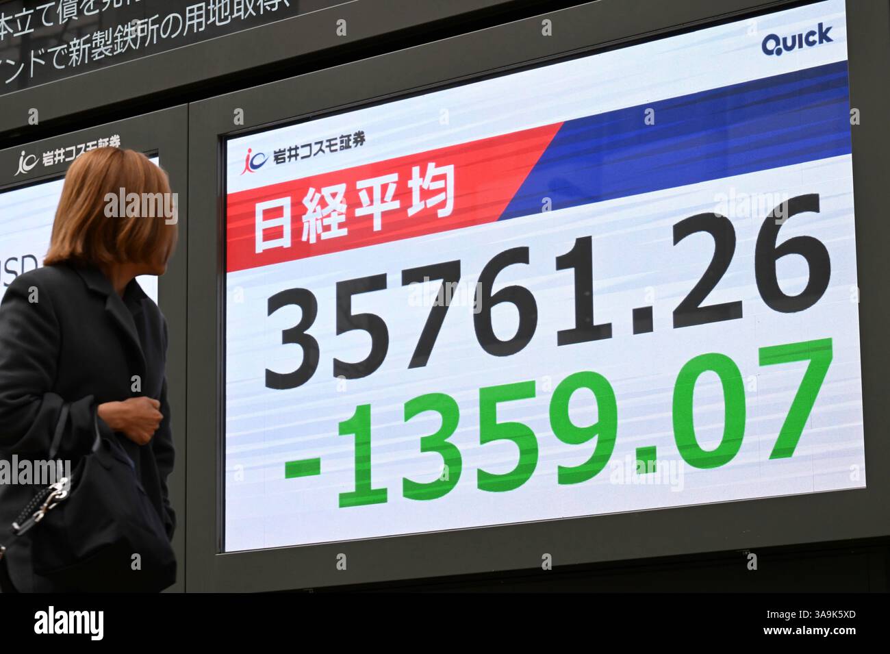 A stock price board showing the sharp decline of the Nikkei Stock ...