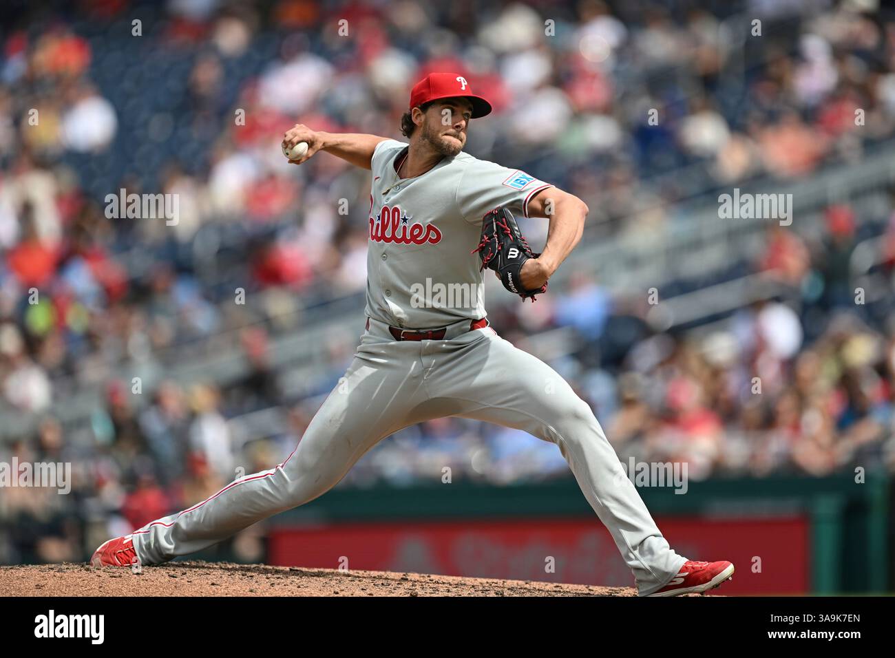 Philadelphia Phillies pitcher Aaron Nola throws during the sixth inning ...