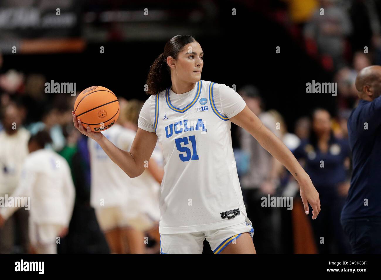 UCLA center Lauren Betts (51) warms up before a game against LSU in the ...