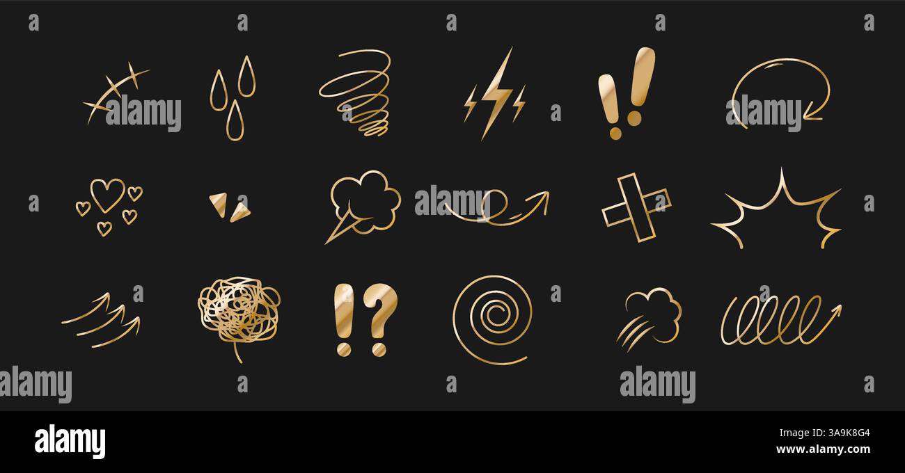 Anime Emotion effect set. Line movement element. Gold Manga sparks ...
