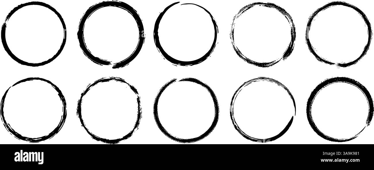 Round paint brush strokes set. Black grunge round stains collection ...