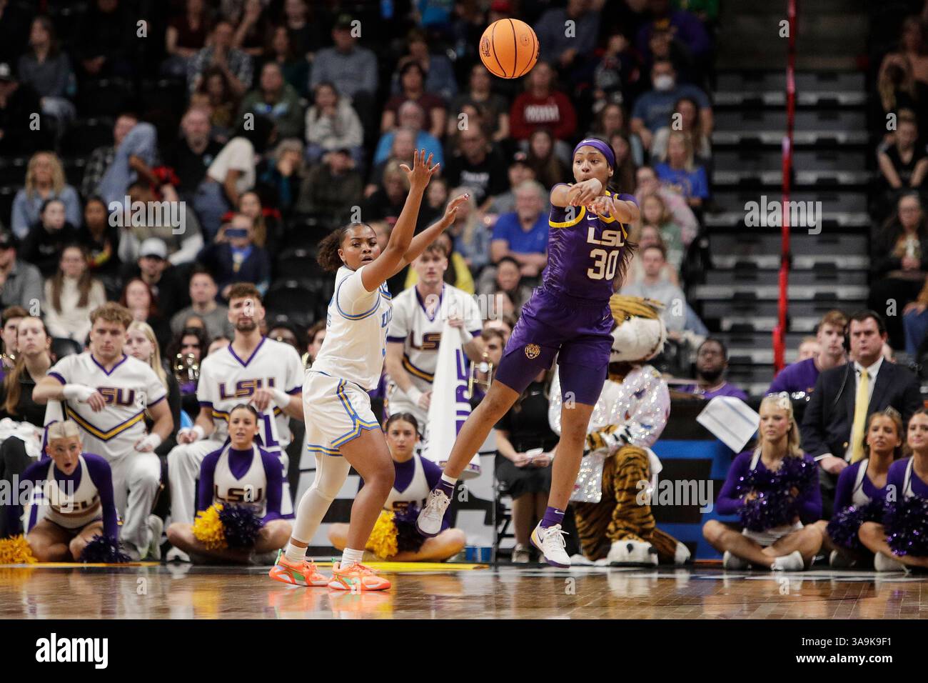 LSU guard Jada Richard (30) passes the ball past UCLA guard Londynn ...