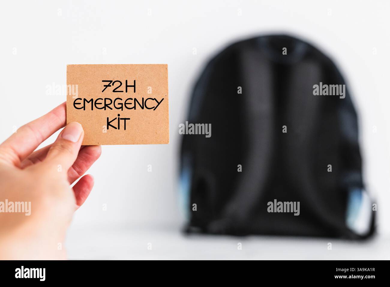 emergency survival kit for 72h, sign with backpack shot at shallow ...