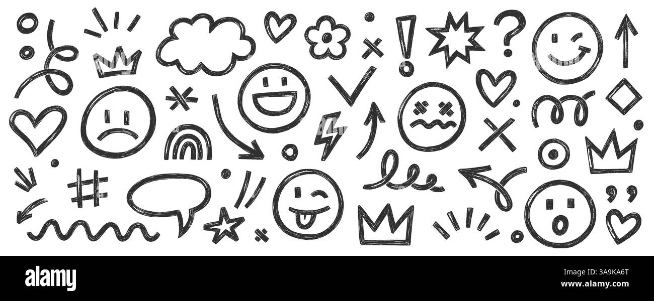 Smile brush hand drawn vector element set. Emoji fun face, heart, crown ...