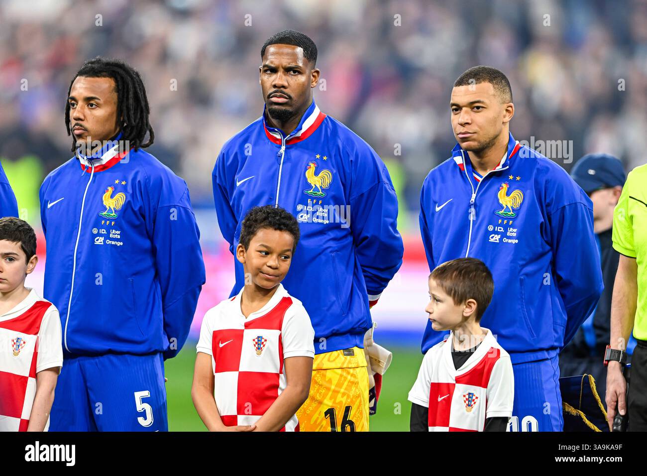 Jules Kounde Mike Maignan and Kylian Mbappe during the UEFA Nations ...