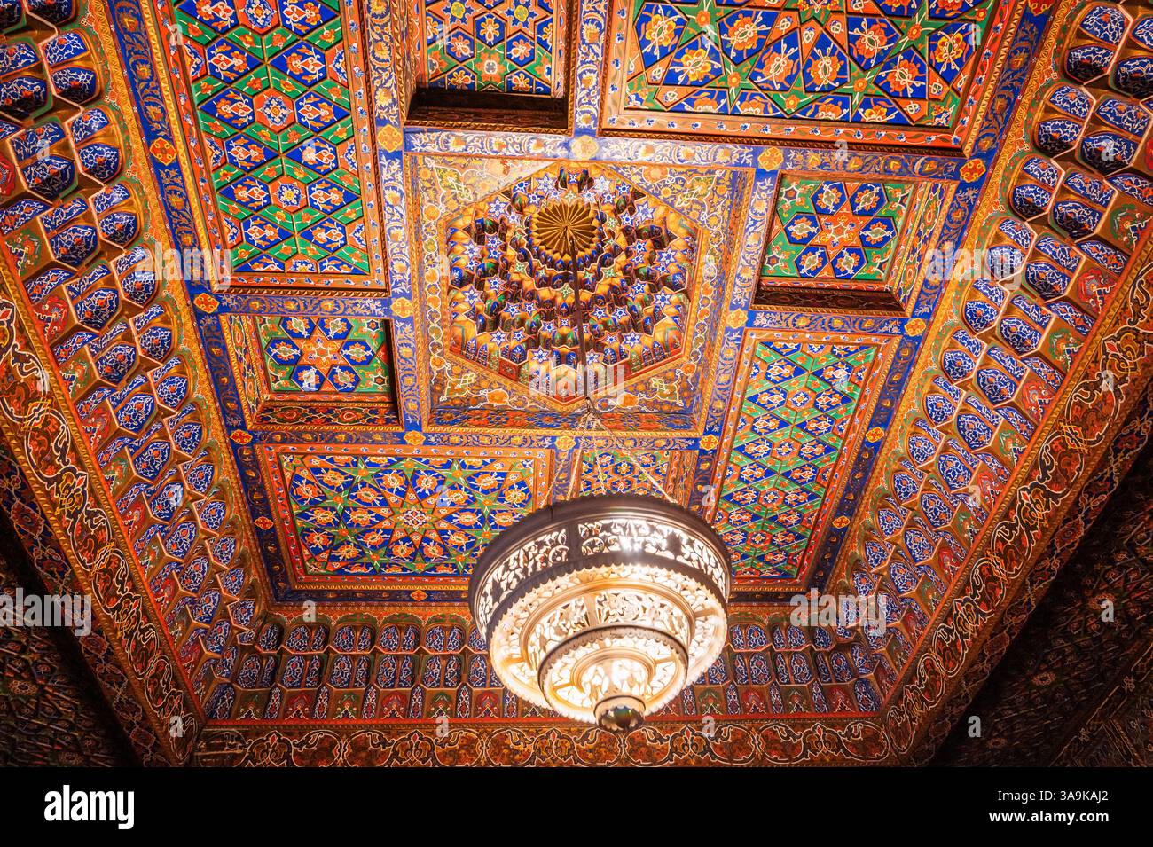 beautiful carved wooden painted ceiling with chandelier in Museum of ...