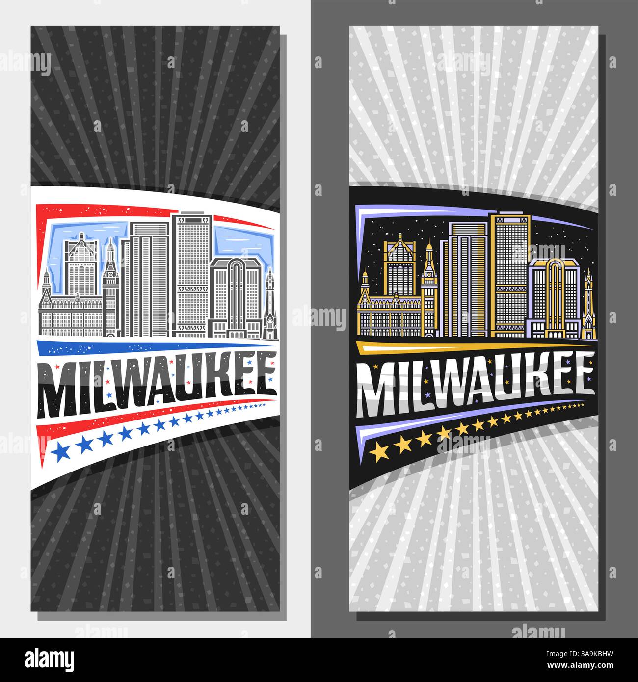 Vector vertical layouts for Milwaukee, decorative ticket with line ...