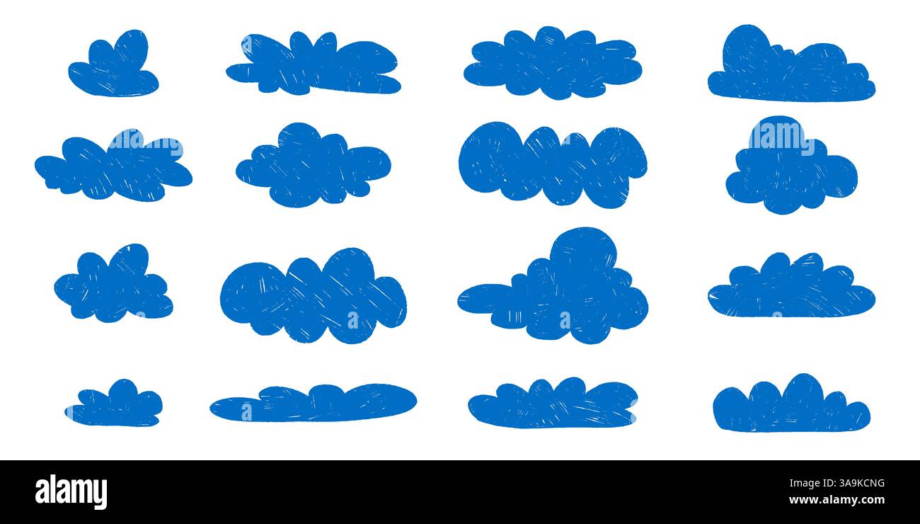 Blue Pencil Drawings of Fluffy Clouds. Clouds in hand drawn style with ...