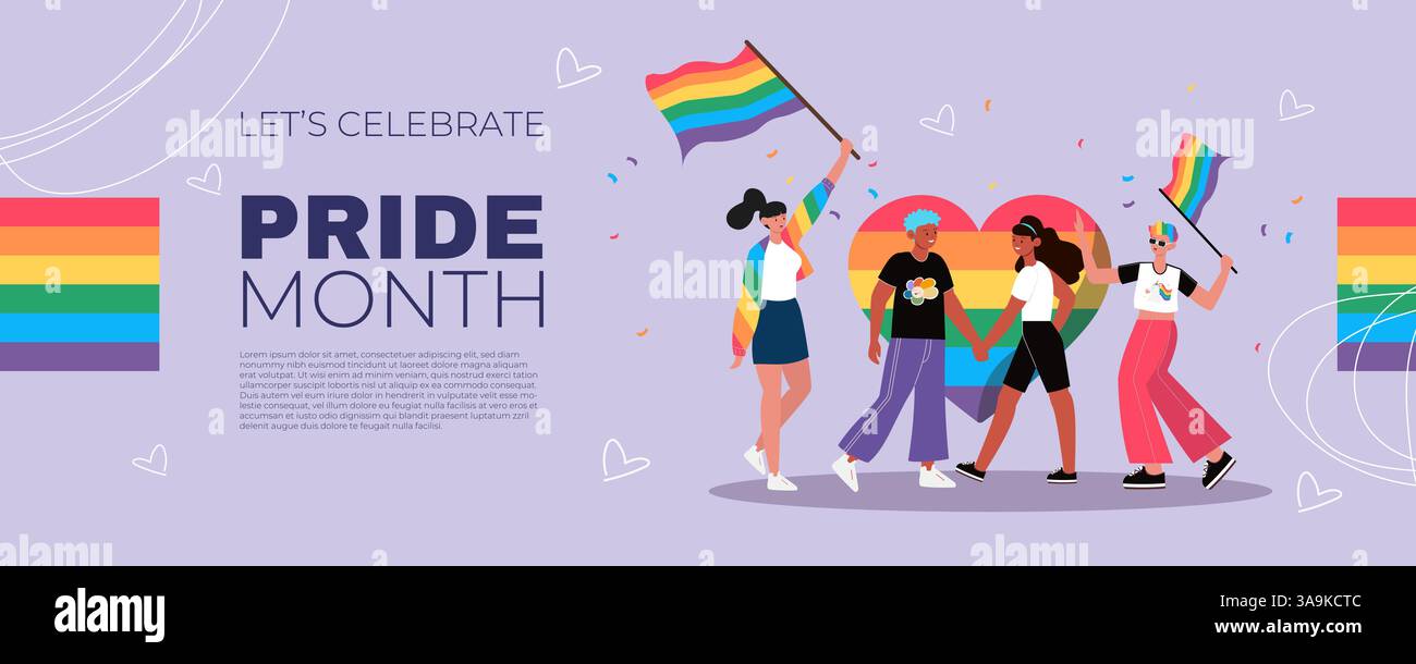 An illustrative scene depicting a group celebrating Pride Month ...