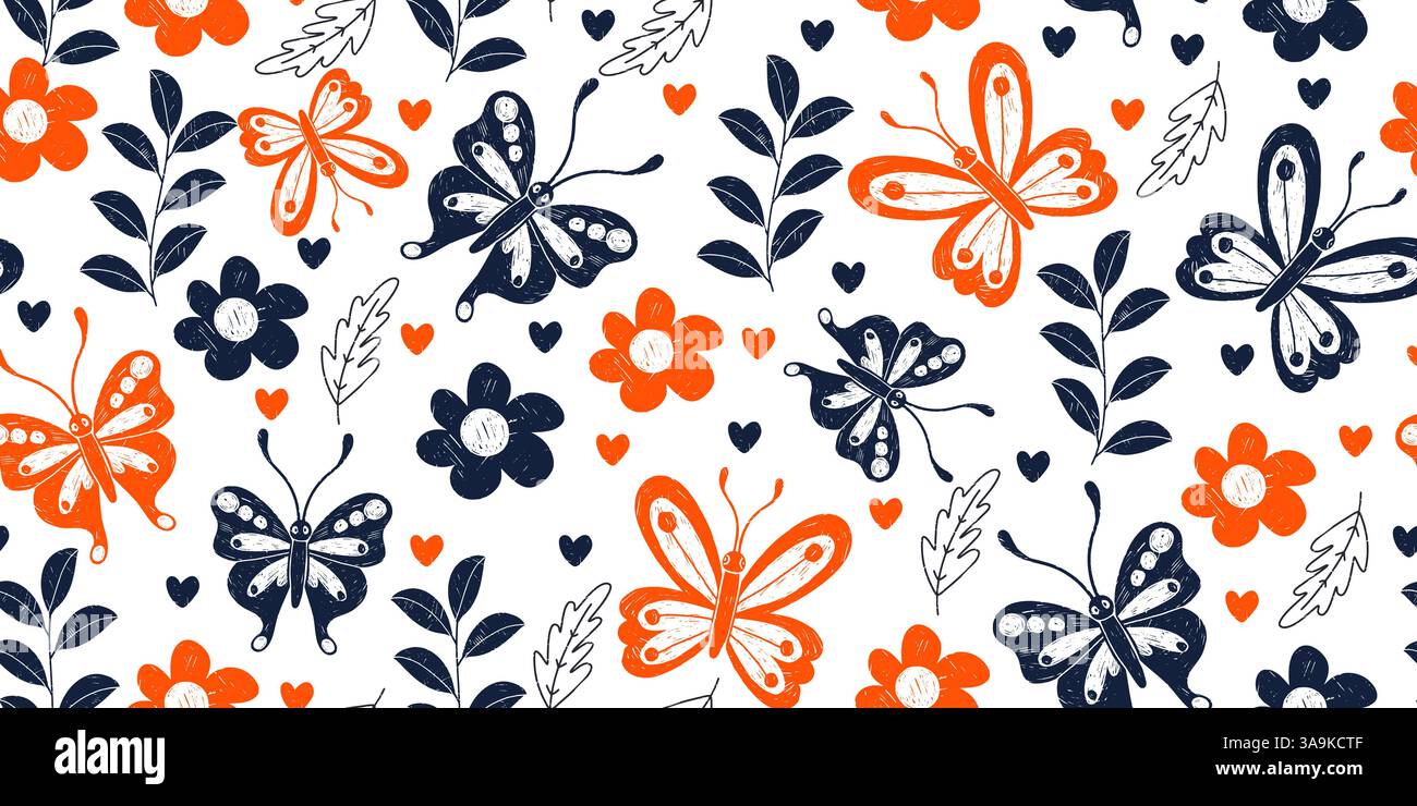 Seamless Pattern with Cute Butterflies, Flowers and Branches. Simple ...