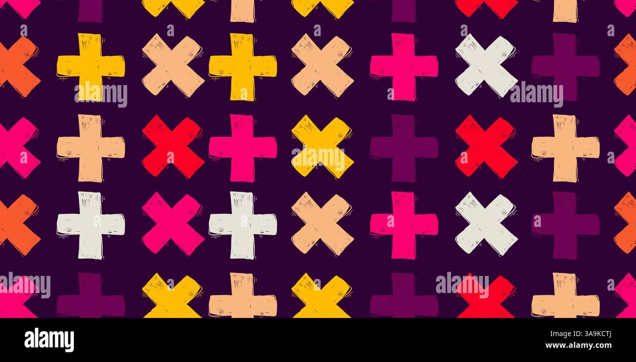 Seamless Pattern with Vibrant Grunge Plus Symbols. Retro geometric ...