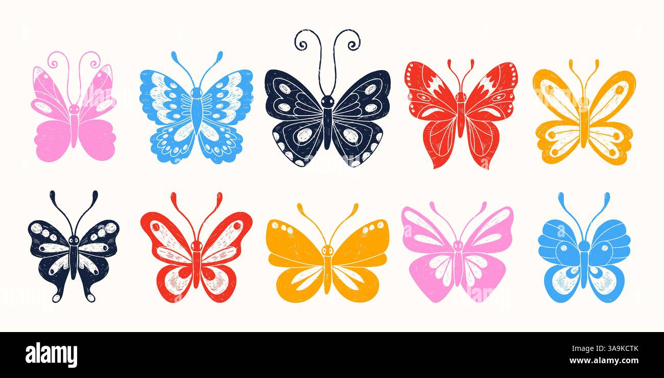 Set of Cute Hand Drawn Decorative Butterflies. Simple and modern crayon ...