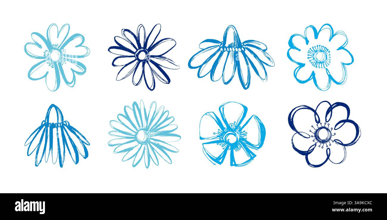 Hand Drawn Blue Flower Heads in Grunge Style. Modern grunge silhouettes ...