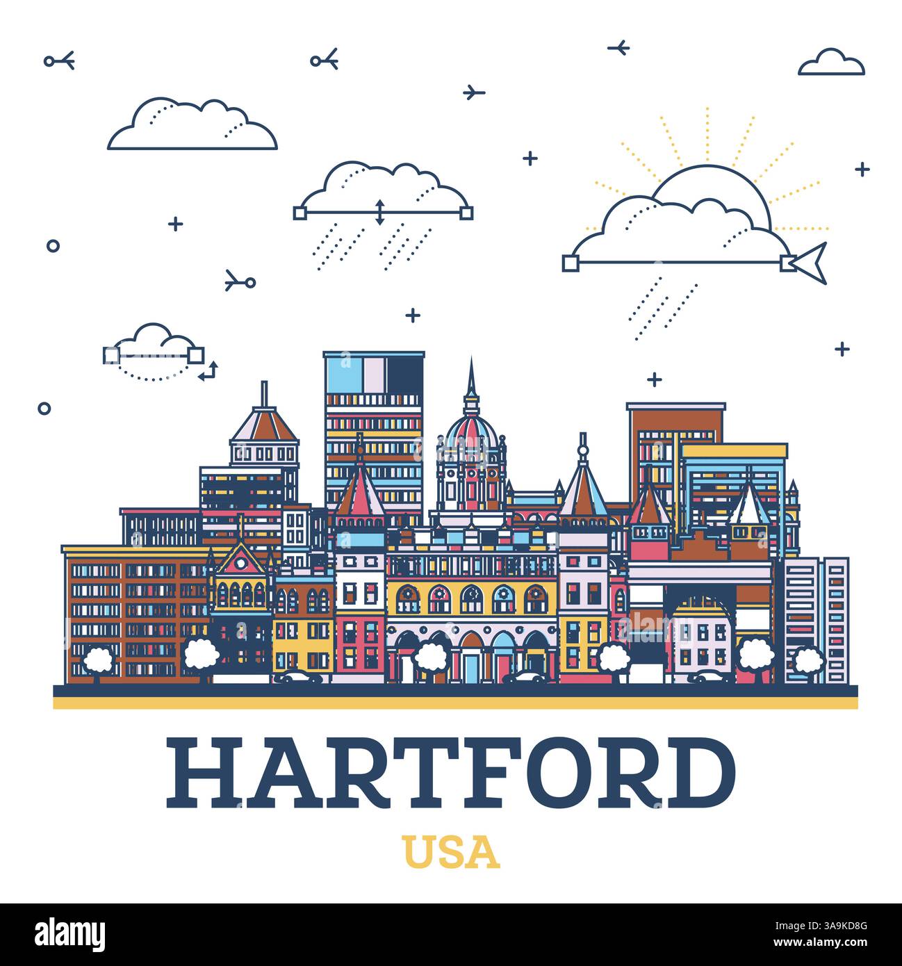 Outline Hartford Connecticut city skyline with colored modern and ...