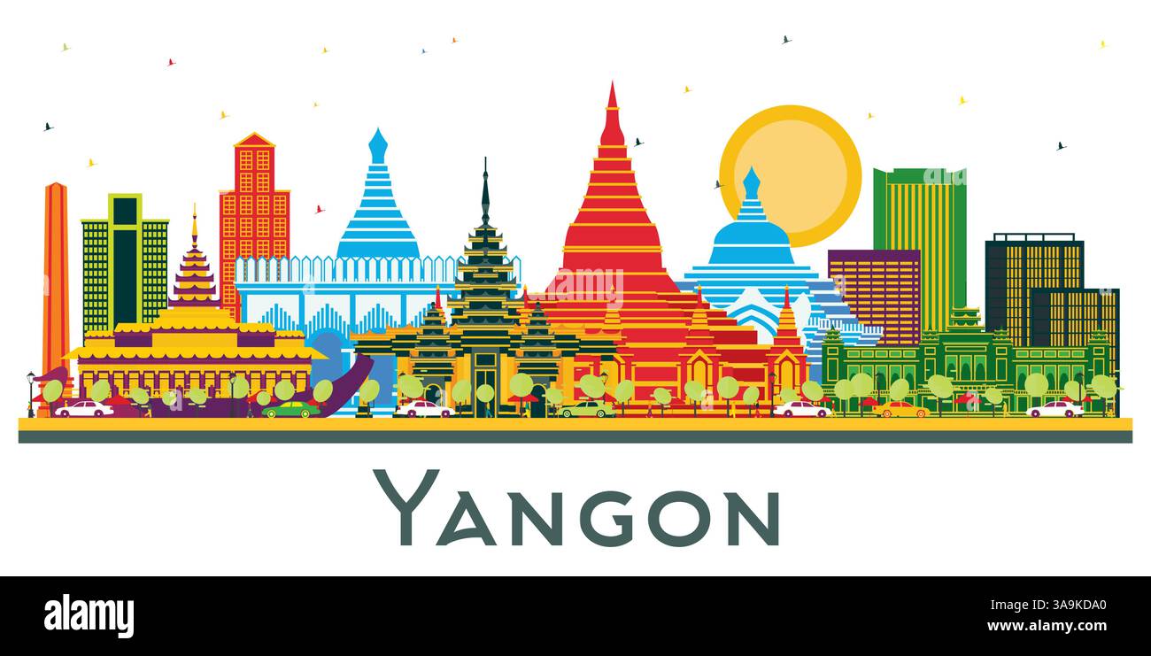 Yangon Myanmar City Skyline with Color Buildings isolated on white ...