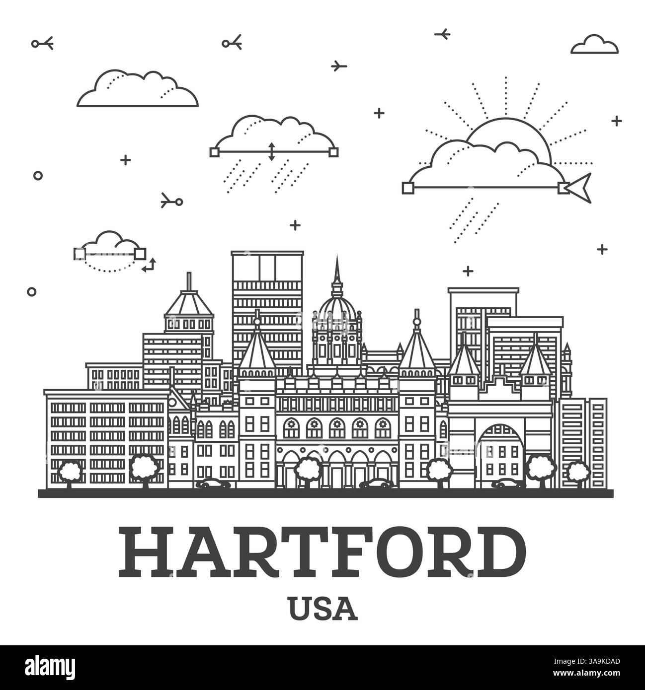 Outline Hartford Connecticut city skyline with modern and historic ...