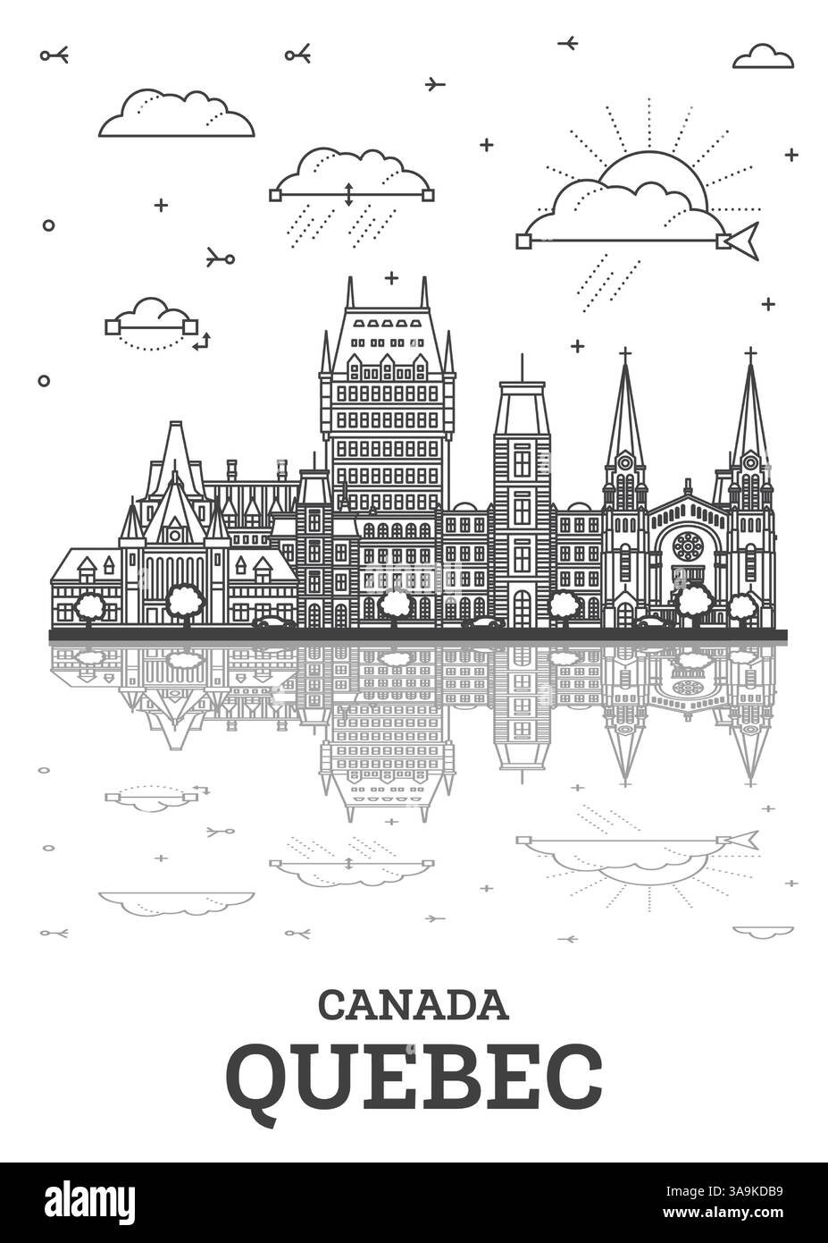 Outline Quebec Canada city skyline with modern and historic buildings ...