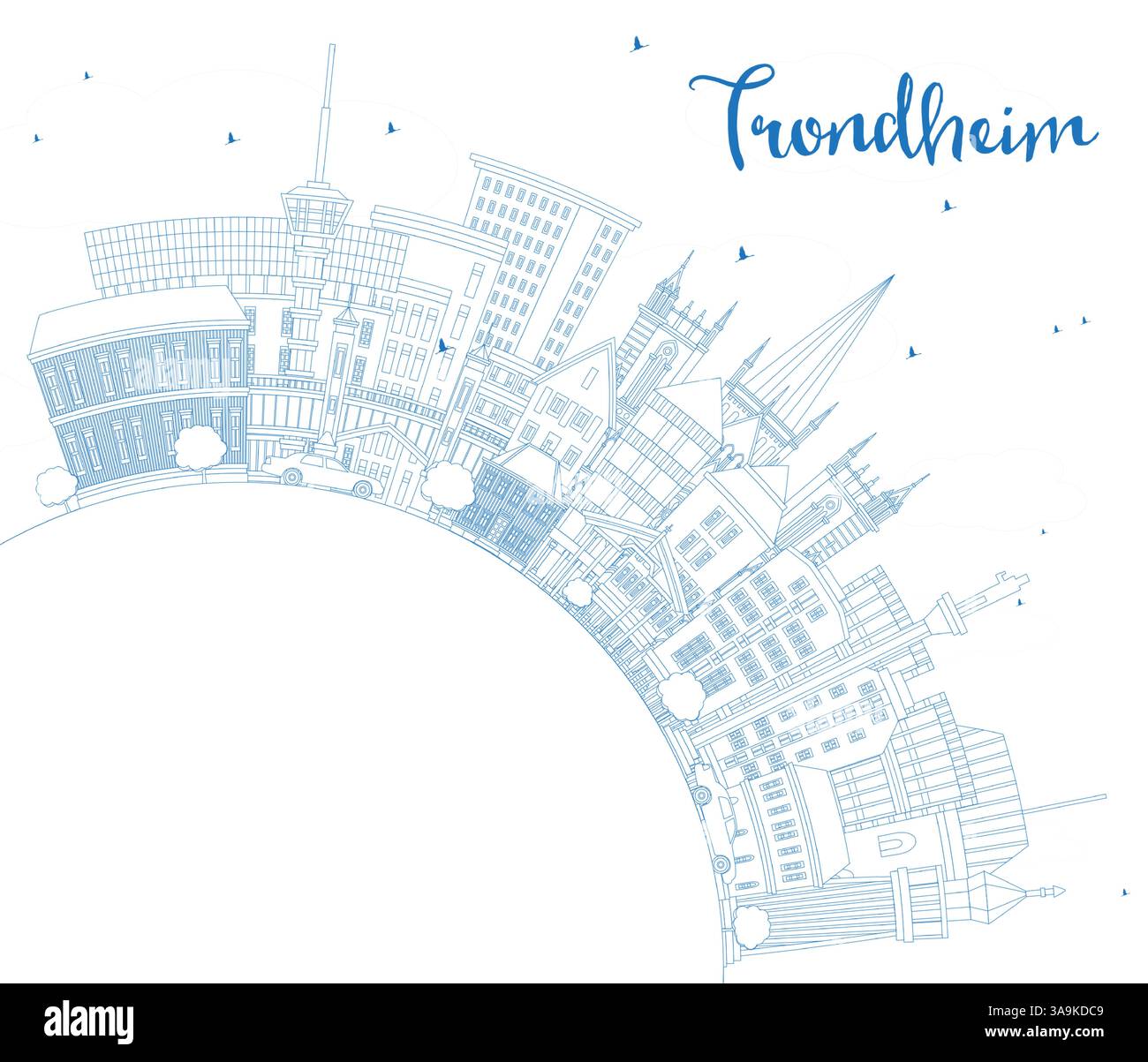 Outline Trondheim Norway City Skyline with Blue Buildings and copy ...