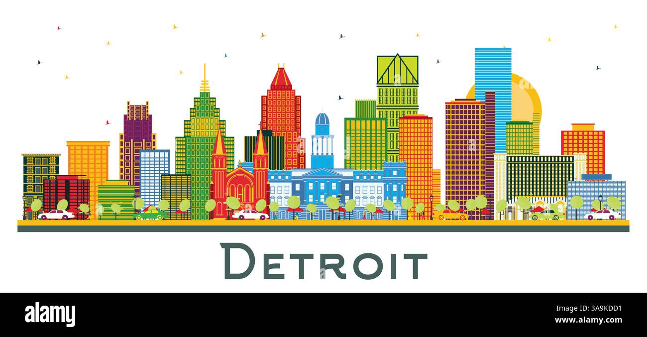 Detroit Michigan City Skyline with Color Buildings isolated on white ...