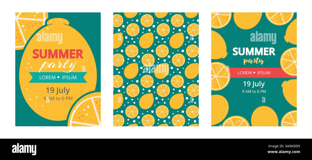 Three summer party invitation templates with lemon and citrus slice ...