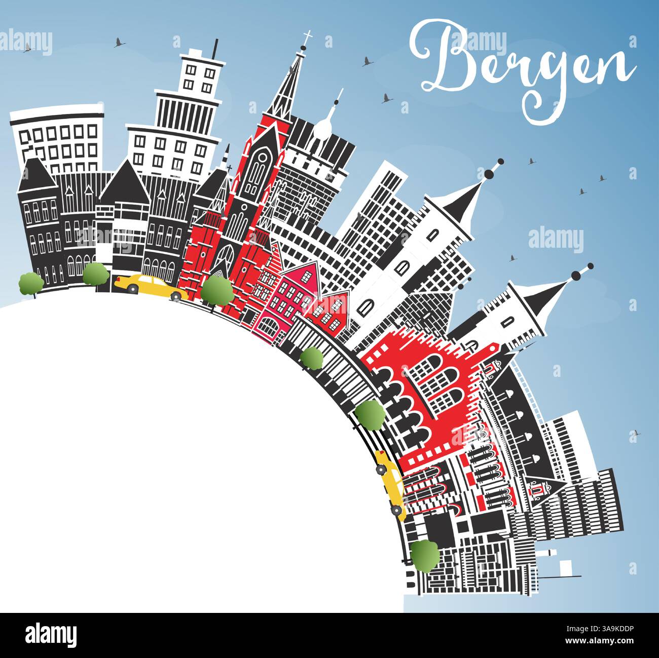 Bergen Norway city skyline with color buildings, blue sky and copy ...