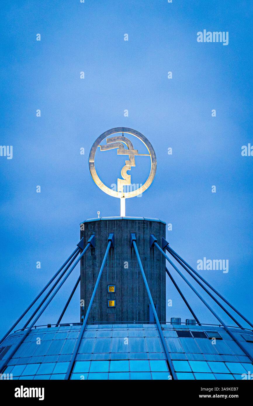 Hanover, Germany. 31st Mar, 2025. The Deutsche Messe logo lights up the ...