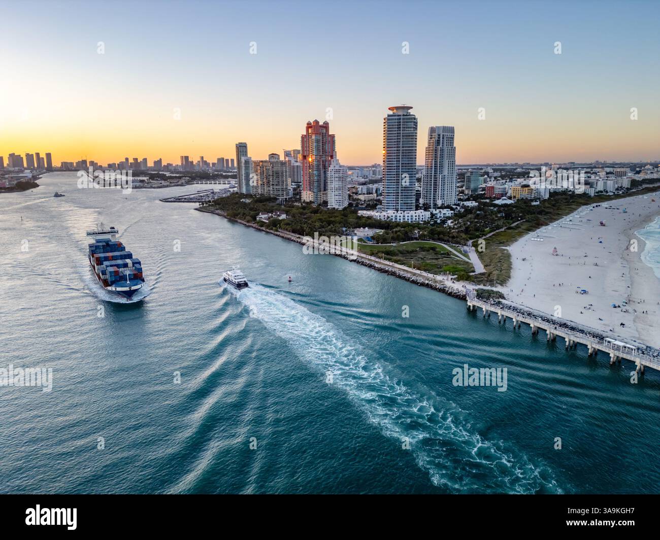 Container Ship in Miami City. Aerial View. Shipping Boat. Cargo ship at ...